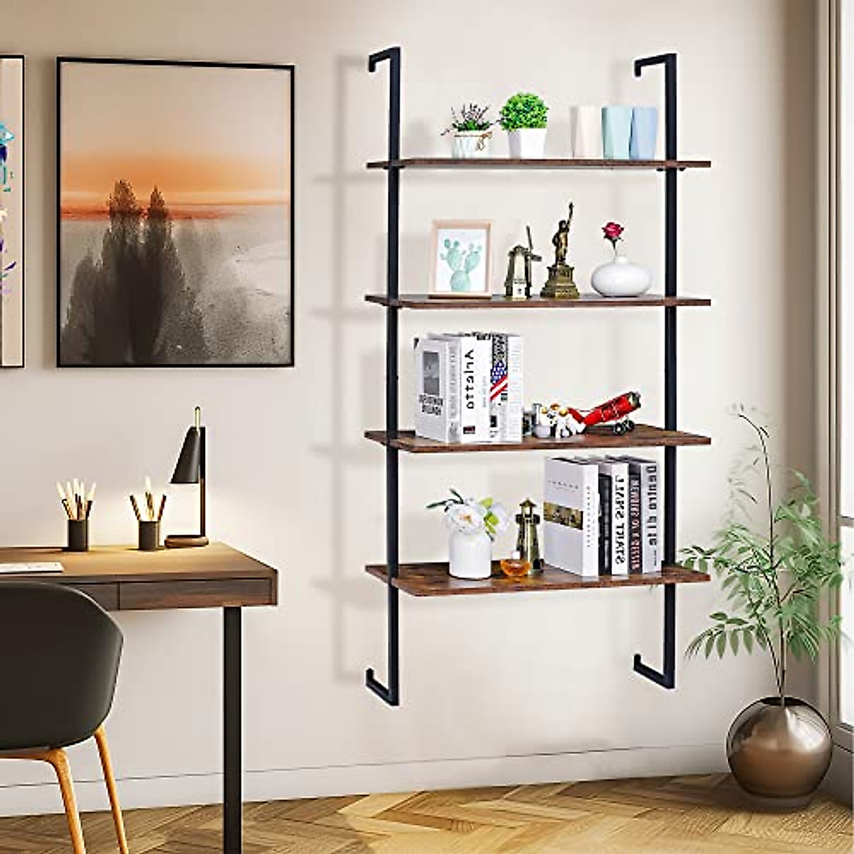 ZenStyle 4-Shelf Bookcase, Industrial Floating Shelves Wall Mount with MDF Wood and Black Metal Frame, Nutmeg/Black
