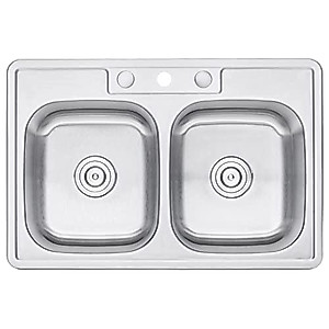 CozyBlock 33 x 22 x 9 Inch 50/50 Top-mount/Drop-in Stainless Steel Double Bowl Kitchen Sink with Strainer - 18 Gauge Stainless Steel-3 Faucet Hole