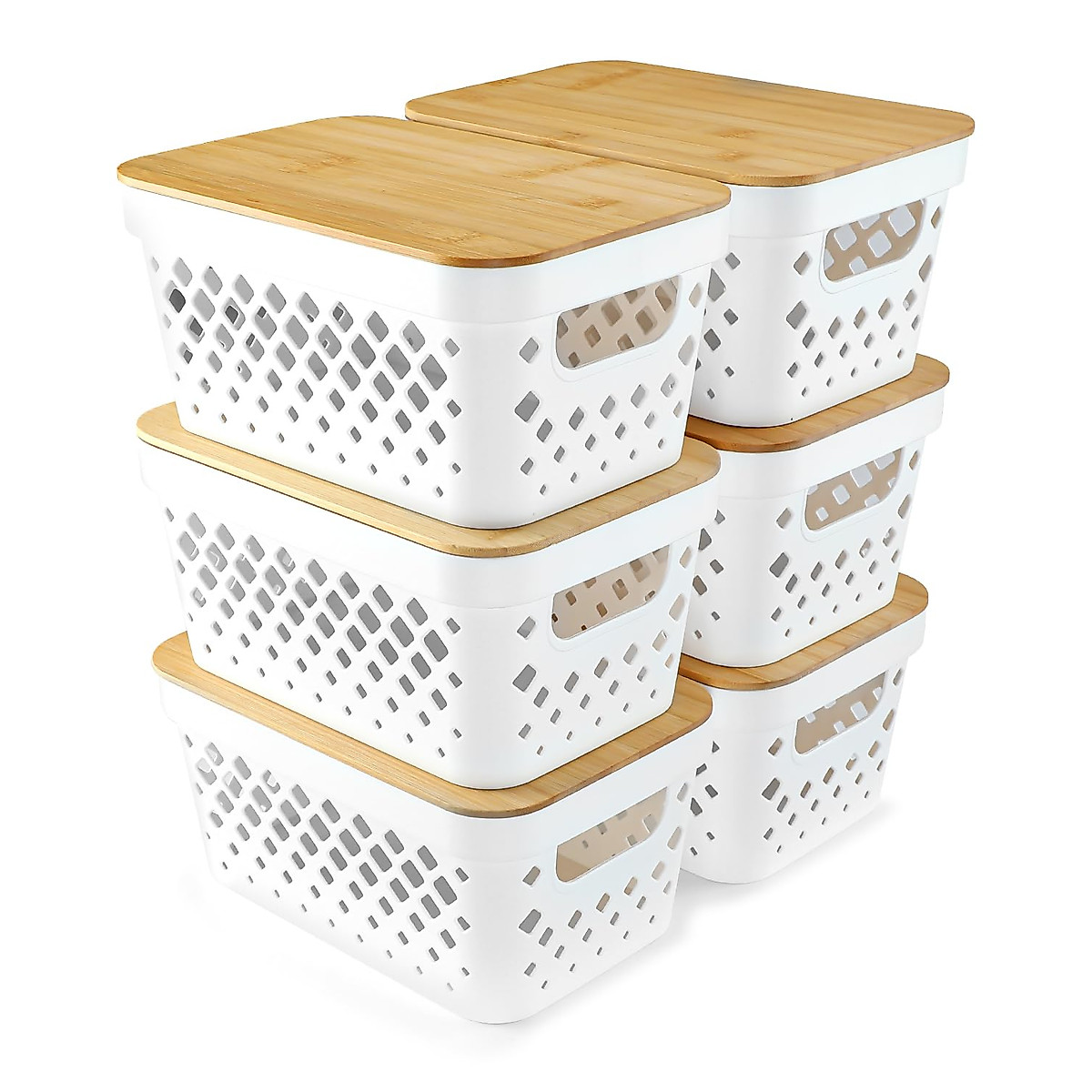 Small Storage Bins with Lids-Plastic Storage Containers Storage Baskets for Organizing Desktop Closet Playroom Classroom Office,Set of 6，White