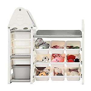 Toy Storage Organizer with 14 Bins, Multi-functional Nursery Toy Shelf, Kids Toy Chest for Boys&Girls with HDPE Shelf and Bins for Playroom, Bedroom, Living Room, Gray