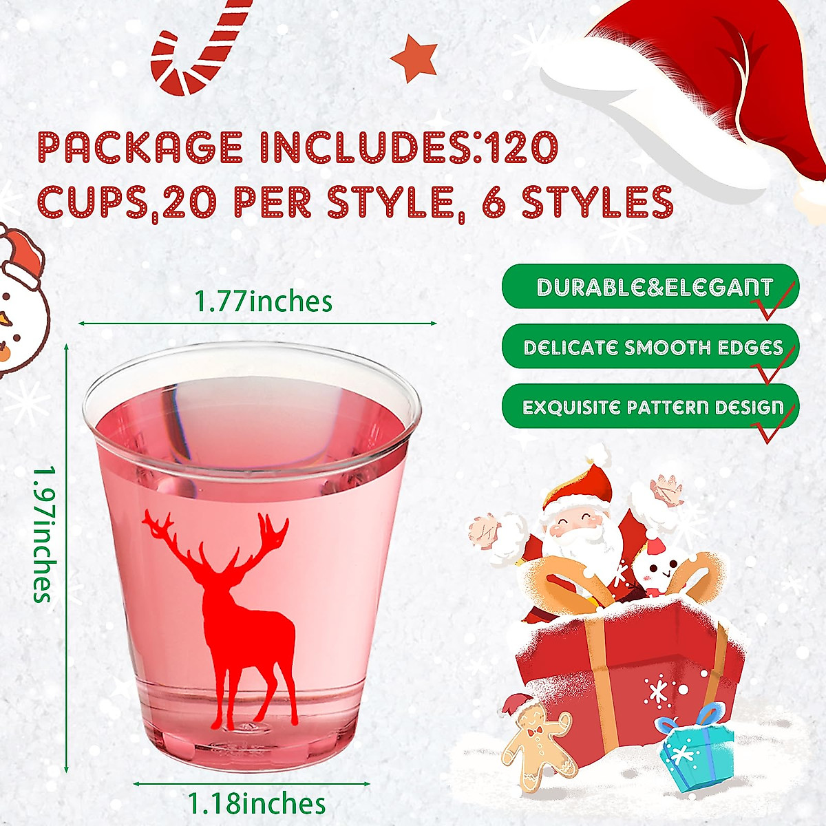 Lallisa 120 Pcs Christmas Plastic Shot Glasses 2oz Clear Disposable Shot Glasses Mini Plastic Drinking Tasting Cups for Xmas Holiday Party Supplies Tasting Serving Coffee Tea Beverage, Red and Green