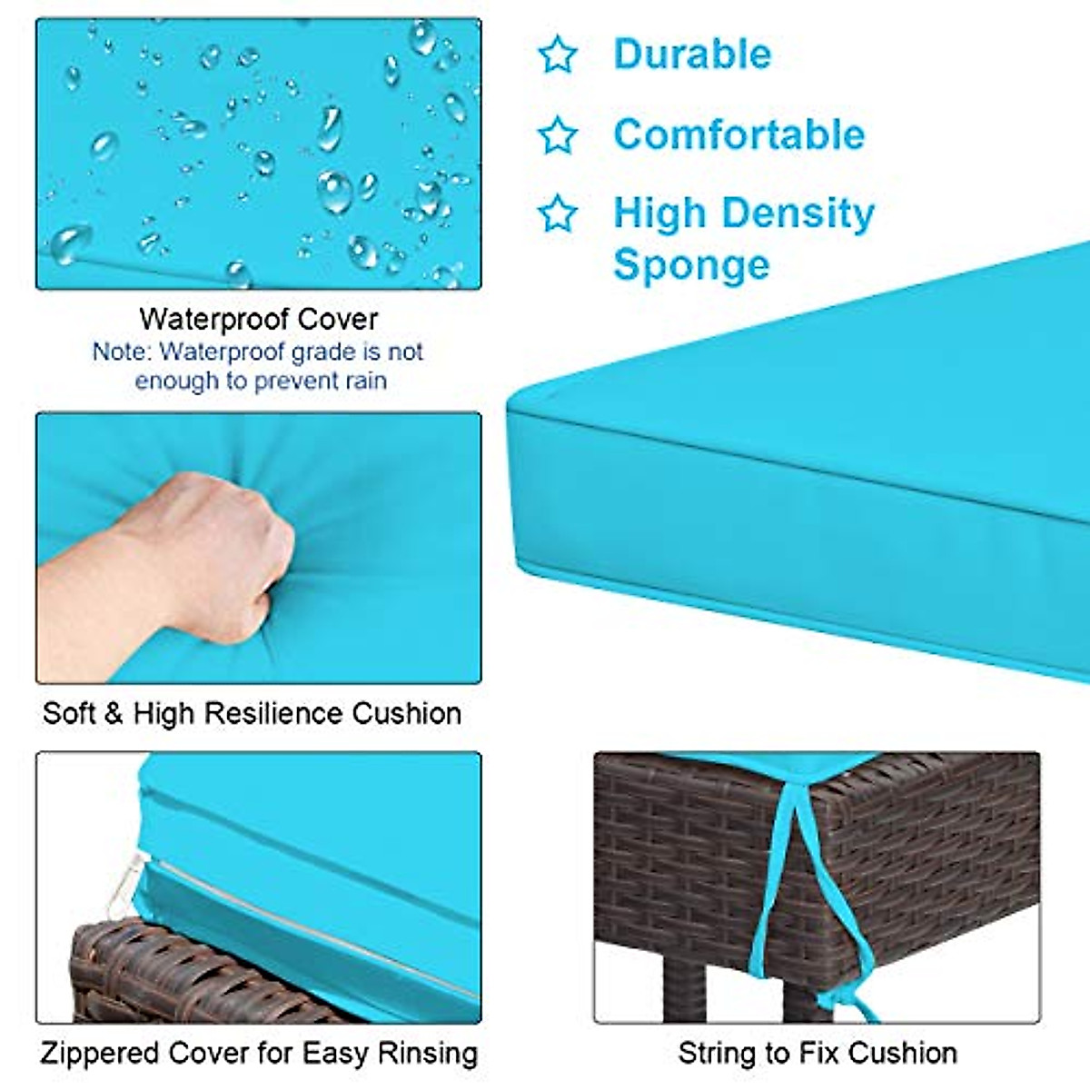 Tangkula Patio Bar Set, 3 Piece Outdoor Rattan Wicker Bar Set with 2 Cushions Stools & Glass Top Table, Outdoor Furniture Set for Patios Backyards Porches Gardens Poolside (Turquoise)