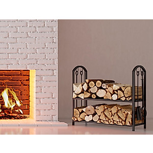 Fire Beauty Fireplace Firewood Log Rack 5-Piece Storage Logs Holder with Tools Set with 4 Tools Set Fireside Holders Wood Lumber Storage Stacking Black