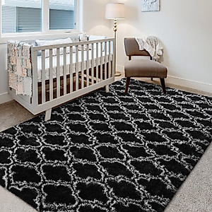 Hutha 6x9 Shag Large Area Rugs for Living Room, Black and White Modern Super Soft Bedroom Carpet, Moroccan Luxury Geometric Plush Fluffy Rug for Kids Nursery Girls Room Indoor Home Decor