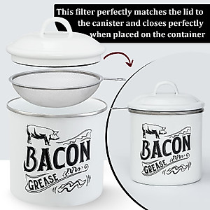 1.3L Bacon Grease Saver Container with Fine Mesh Strainer - Enamel & Stainless Steel Oil Keeper Can for Bacon Fat Dripping - Farmhouse Kitchen Gift & Decor Cooking Accessories - Dishwasher Safe, White