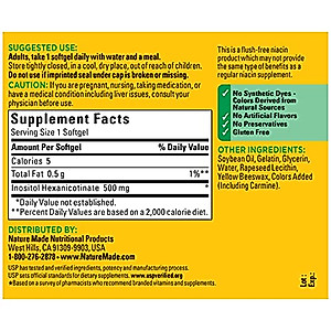 Nature Made Flush Free Niacin 500 mg, Dietary Supplement for Nervous System Support, 60 Softgels, 60 Day Supply