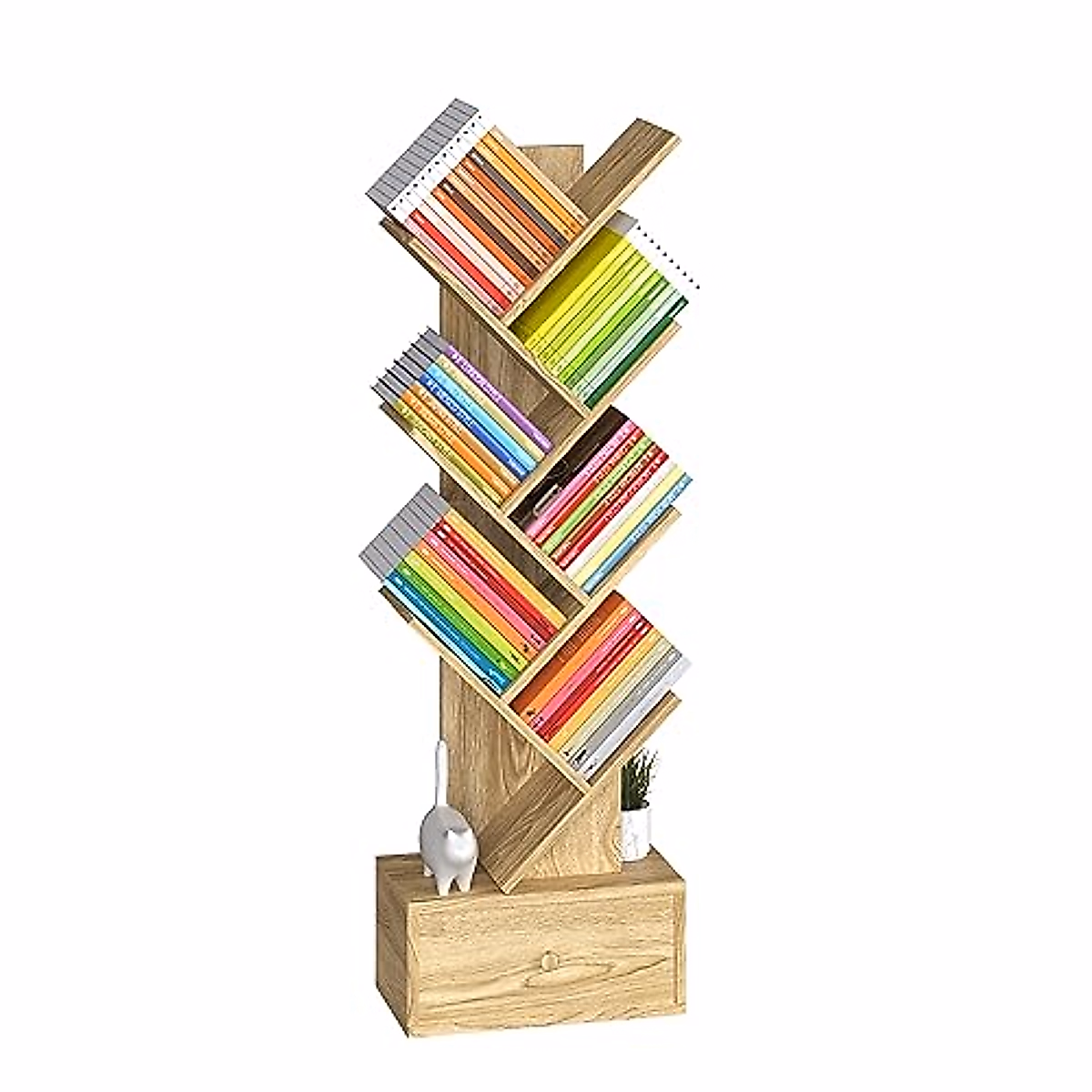 Youkia 6 Tier Tree Bookshelf, 6 Free Standing Bookcases, Morden Wooden Tree Book Shelf with Drawer, Tall Display Utility Storage Organizer Book Shelves for Living Room, Bed Room, Office, Cedar Wood