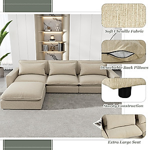 Merax 128" Sectional Sofa with Movable Ottoman and Soft Back Pillows, 4 Seat Sleeper Cloud Couch Set, L Shaped Convertible Chenille Upholstered SofaBed for Living Room, Apartments, Beige