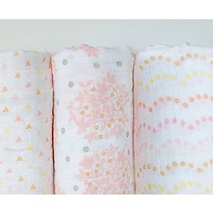 SwaddleDesigns Cotton Muslin Squares, Set of 3, 27x27 inches, Pink Heavenly Floral