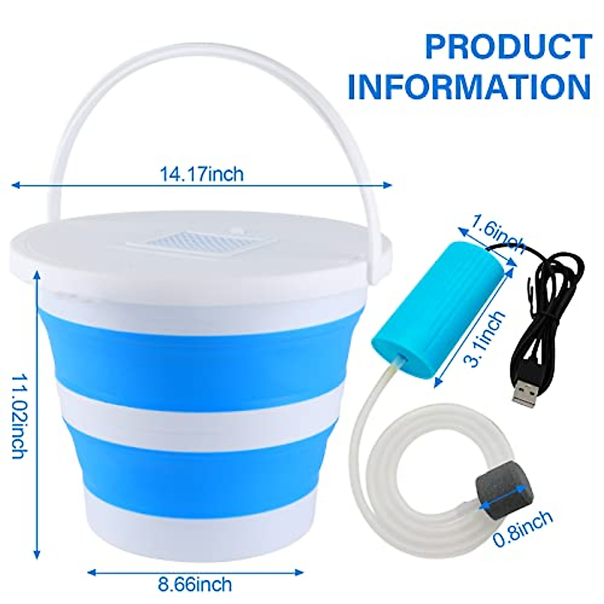 Fishing Bait Bucket with Portable Aerator 4 Gallons Collapsible Live Fish Minnow Bucket with Lid Live Bait Container Utility Fishing Pail Outdoor Camping Organizer (Blue-Bucket)