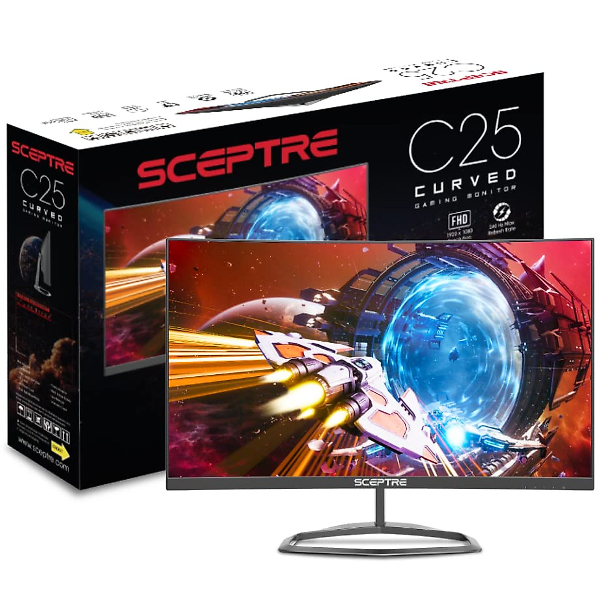 Sceptre Curved 24.5-inch Gaming Monitor up to 240Hz 1080p R1500 1ms DisplayPort x2 HDMI x2 Blue Light Shift Build-in Speakers, Machine Black 2023 (C255B-FWT240)