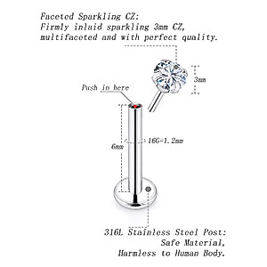 16G Threadless Push in Lip Rings For Women Lip Studs Labret Jewelry Monroe Lip Rings Medusa Piercing Jewelry Tragus rook Helix Cartilage Forward Earring Piercing Jewelry For Women 3mm Opal CZ Silver
