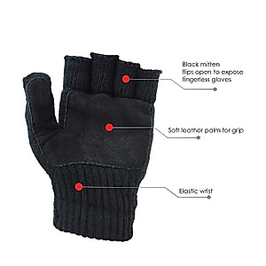 Illinois Glove Company 361L Rag Wool Glomitt Flip Mitten 3M Thinsulate Lined Soft Leather Grip Palm L Black, Soft Leather Palm for Grip, Elastic Wrist, Mitten Flips Open to Expose Fingerless Gloves