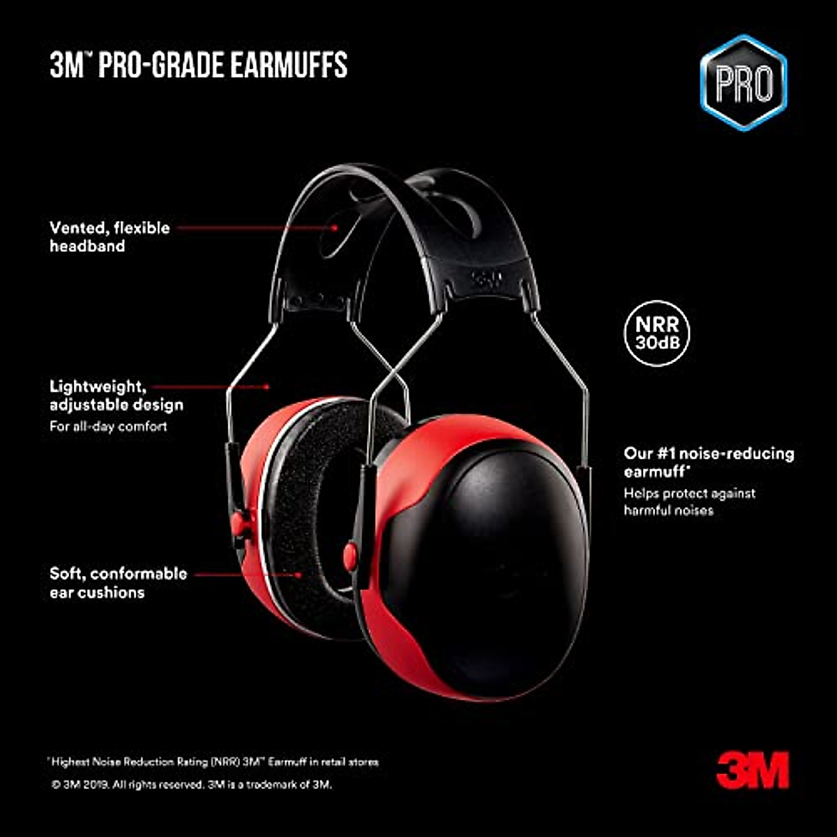 3M Pro-Grade Noise-Reducing Earmuff, NRR 30 dB, Lightweight and Adjustable, Black, One Size