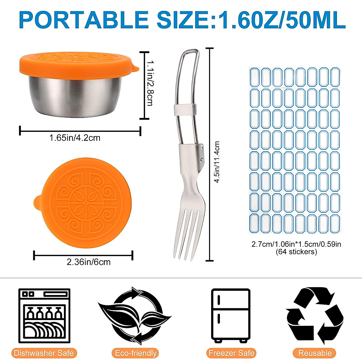 6Pack Salad Dressing Container To Go, 1.6oz Small Condiment Containers with Lids, Reusable Stainless Steel Sauce Cups Containers, Leakproof Silicone Lids for Lunch Bento Box, Picnic and Travel