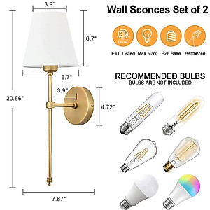 Bsmathom Wall Sconces Sets of 2, Classic Brushed Brass Sconces Wall Lighting, Hardwired Bathroom Vanity Light Fixture with Fabric Shade for Bedroom Living Room Hallway Kitchen, Gold
