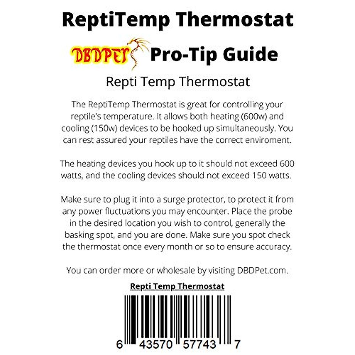 Zoomed Repti-Temp Digital Reptile Thermostat | Includes Attached DBDPet Pro-Tip Guide - Controls Terrarium temperatures, Heat mat, Heat Tape and More!