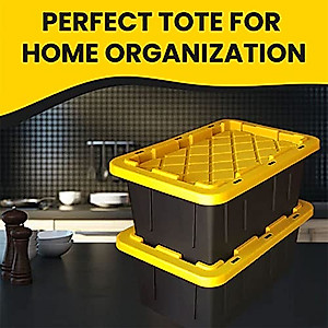 Juggernaut Storage Multipurpose 5 Gallon Lockable Plastic Storage Tote with Secure Snap Fitting Lid for Home Organization, Black/Yellow (Set of 2)