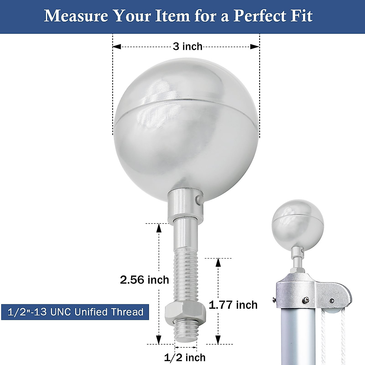 NQ Flag Pole Ball Topper Ornament - Flagpole Top Replacement, Aluminum Anodized Finish - 1/2"-13UNC Threading Fit Most USA Flag Pole,Truck & Solar Light (3", Silver)