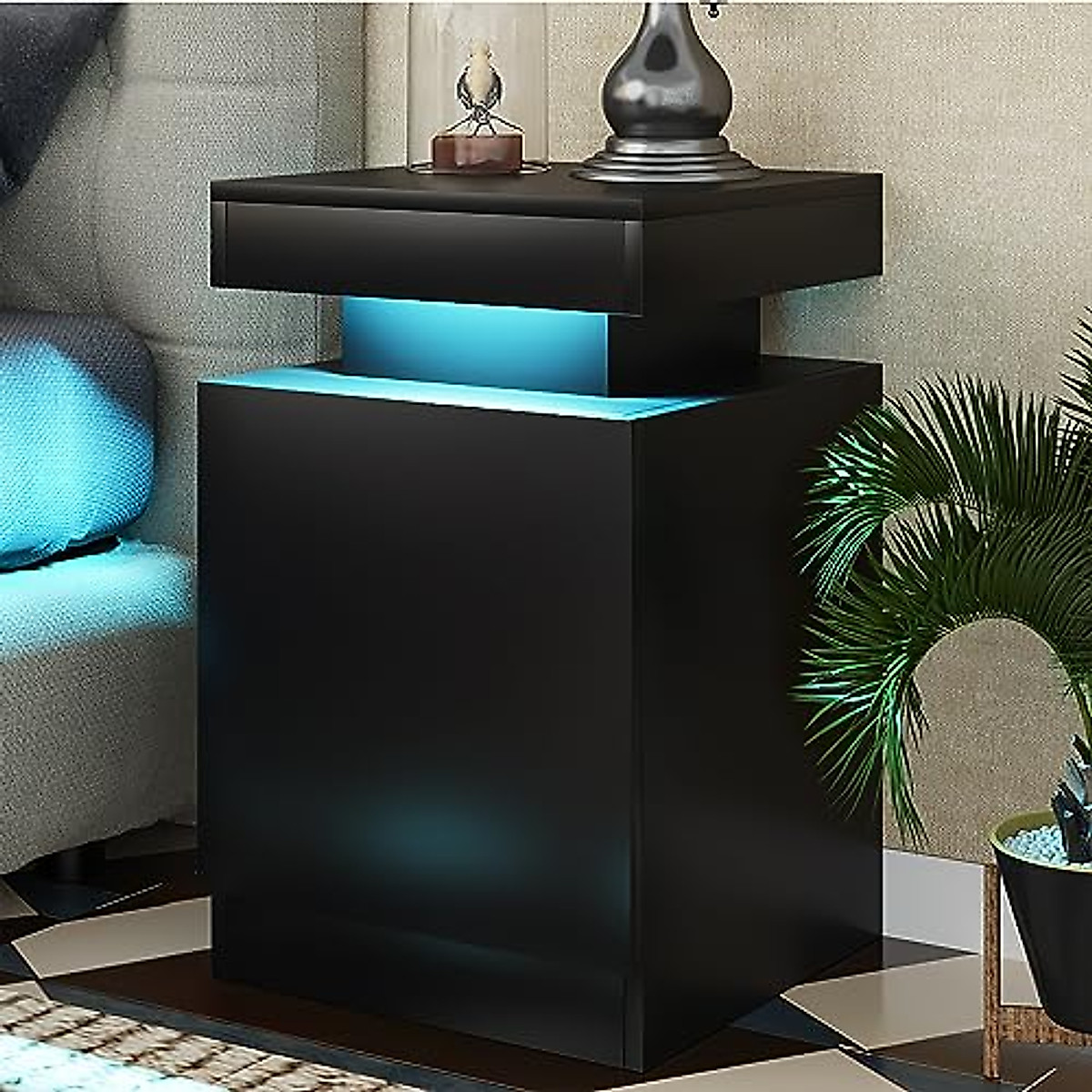 oneinmil Nightstand Set of 2 with LED Lights,Night Stand with Storage Cabinet for Bedroom,Bedside Table with LED, Black