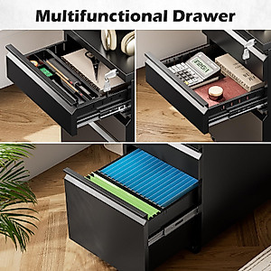 DUMOS 3 Drawer File Cabinet with Lock Metal Small Mobile Rolling Under Desk Storage for Home Office, Black