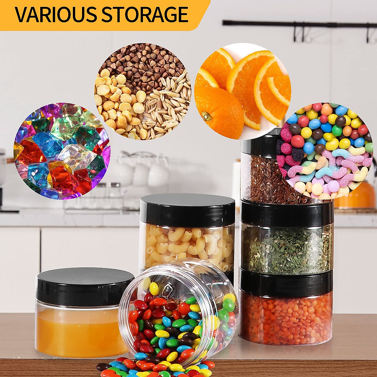 EkkoVla 48 Pack 4 oz Clear Plastic Jars Wide Mouth Round Containers with Black Lids BPA FREE, Empty Multi-use Refillable Storage Jar with Airtight Lid for Cosmetics Beauty Products