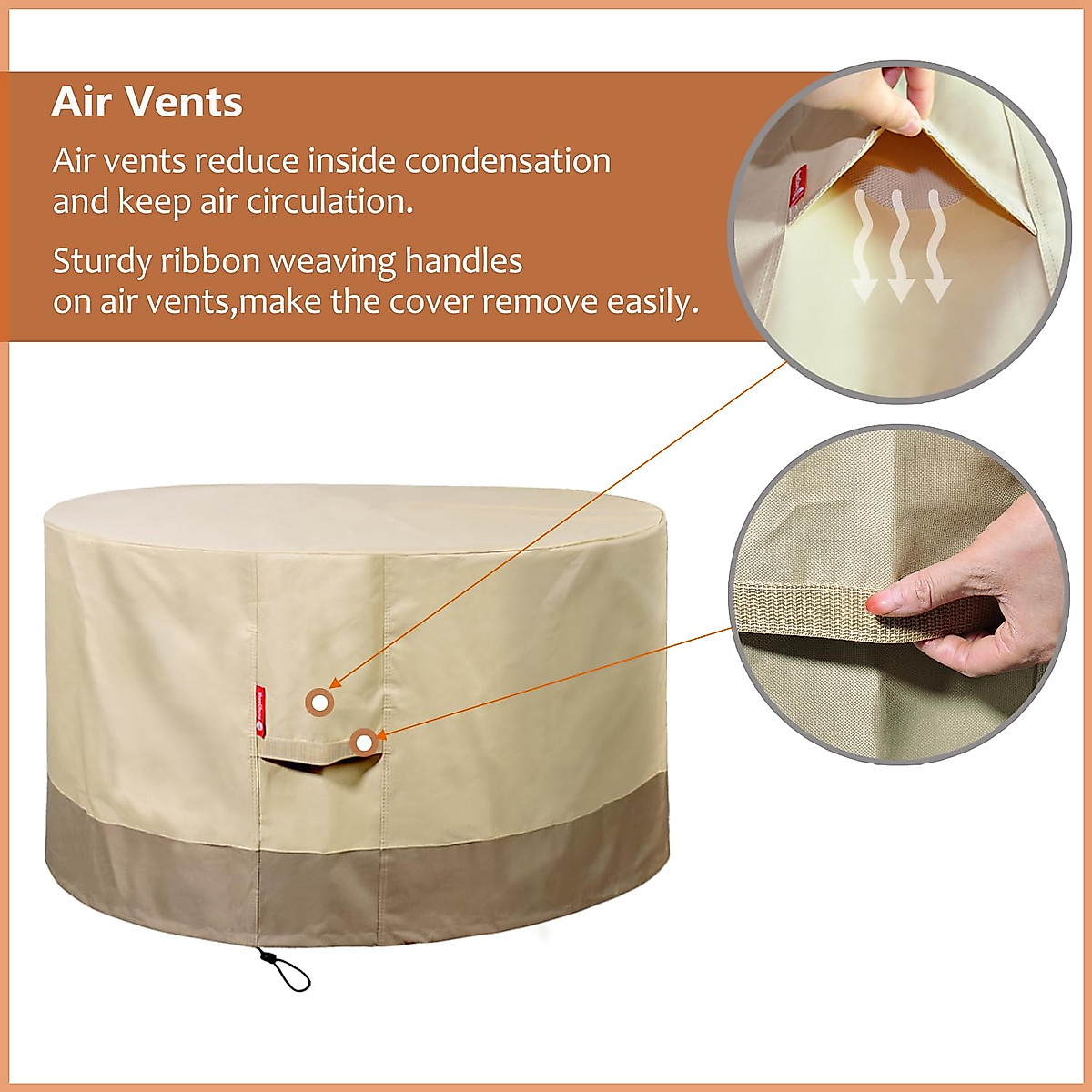 SheeChung Fire Pit Cover Round 44" D x 24" H Waterproof 600D Heavy Duty Patio Gas Fire Pit Cover Shelter Fits 40-44 Inch Outdoor Firepit Table Beige