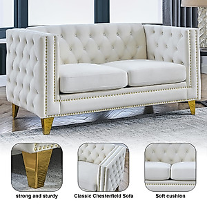 BUIORD Modern 81" 3-Seater Velvet Sofa,Buttons Tufted and Square Arm,Inlaid Gold Nail Heads and 4 Golden Metal Legs for Living Room (Beige, 81" 3-Seater Sofa)