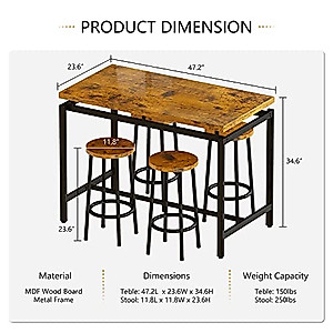 AWQM Bar Table and Chairs Set Industrial Counter Height Pub Table with 4 Chairs Bar Table Set 5 Pieces Dining Table Set Home Kitchen Breakfast Table, Black and Industrial Brown