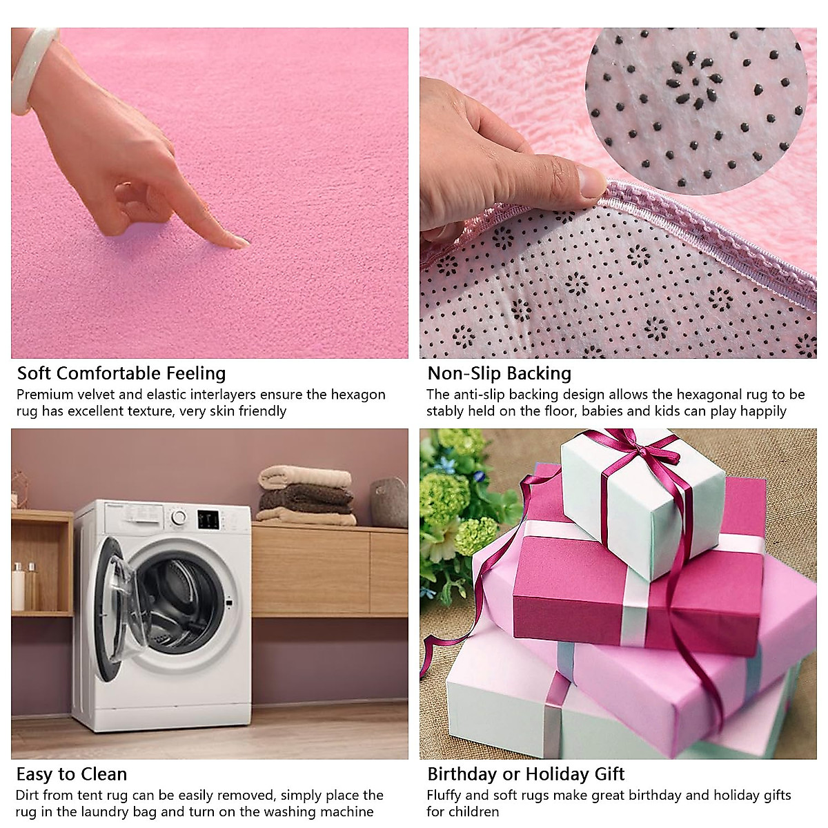 WERSHOW Hexagon Coral Rug - Ultra Soft Carpet for Princess Castle Playhouse Bedroom Length 55" Girls Anti-Slip Bottom Play Mat Indoor and Outdoor Fun(Pink)