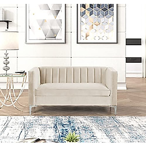 Morden Fort Velvet Loveseat Contemporary Loveast Sofa with Metal Legs Home Theater Upholstered Modern Chesterfield Loveast Sofa Furniture for Living Room Office Bedroom Apartment, Beige