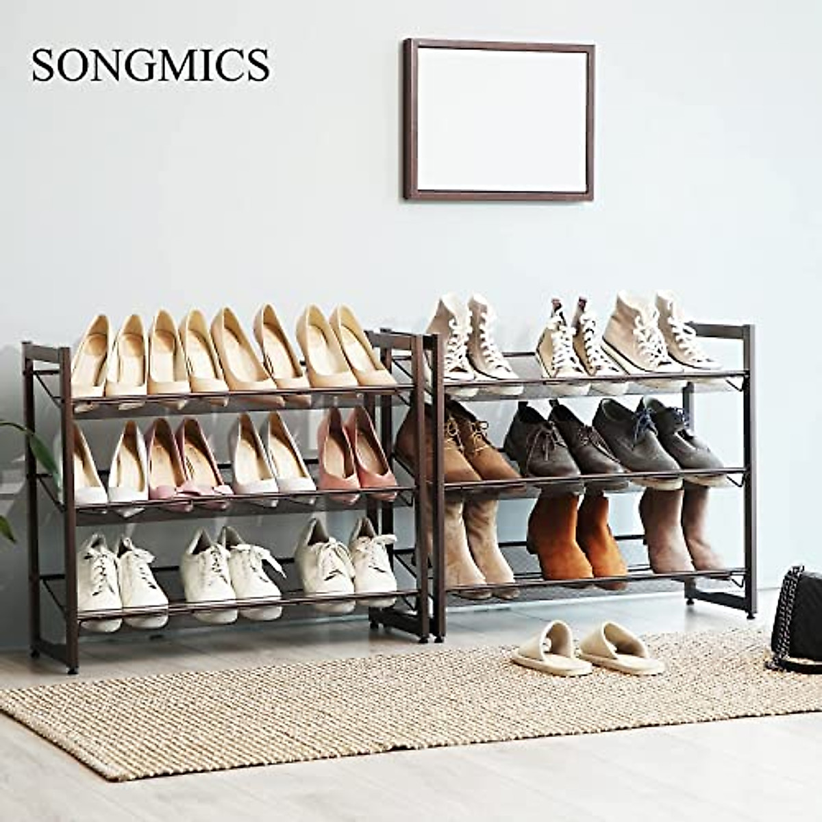 SONGMICS 6-Tier Shoe Rack Storage, Metal Shoe Organizer Stand for Garage, Entryway, Set of 2 3-Tier Stackable Shoe Rack Shelf, with Adjustable Flat or Angled Shelves, Holds 18-24 Pairs, Bronze