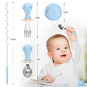 CAROMOLLY Toddler Utensils, Toddler Fork and Spoon Set Stainless Steel Toddler Silverware Set with Suction and Anti-Dropping Chain, Baby Utensils with Case On-The-Go 2 Pcs Blue