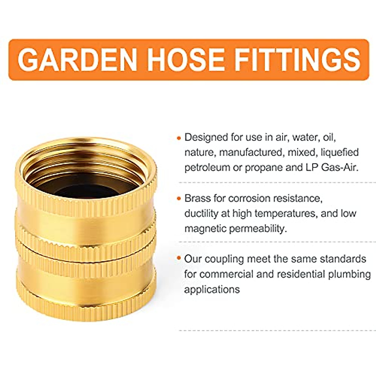 GASHER 6 Pieces Brass Tube Garden Hose Connector, Hose Adapter, 3/4" GHT Female Thread x 3/4" GHT Female Thread Connector