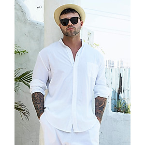 RPOVIG Linen Shirt Sets Outfits:Men's 2 Pieces Henley Shirts Long Sleeve Loose Yoga Pants Beach Clothing White