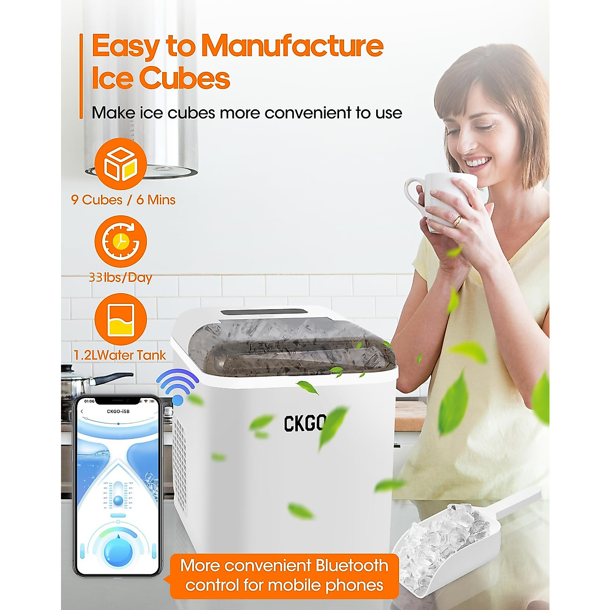 Smart Ice Maker Countertop, Compact Wi-Fi Ice Machine with App Control, 33 lbs per Day 9 Cubes in 6 Mins 2 Sizes Bullet Ice Makers Self-Cleaning Ideal for Home Kitchen Camping RV