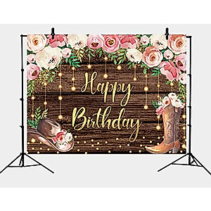 Cowgirl Happy Birthday Backdrop 7x5FT Western Hat Boot Floral Glitter Brown Rustic Wooden Boho Bday Photography Background for Women Country Party Decorations Banner Props