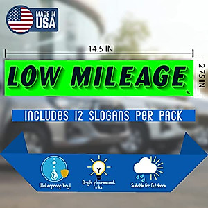 Versa Tags Windshield Slogan Stickers 12 Pack Each of Low Mileage, 3RD Row Seating, WE Finance, FINANCING Available, Warranty (60) Window Stickers Total Dealership Stickers Black On Green