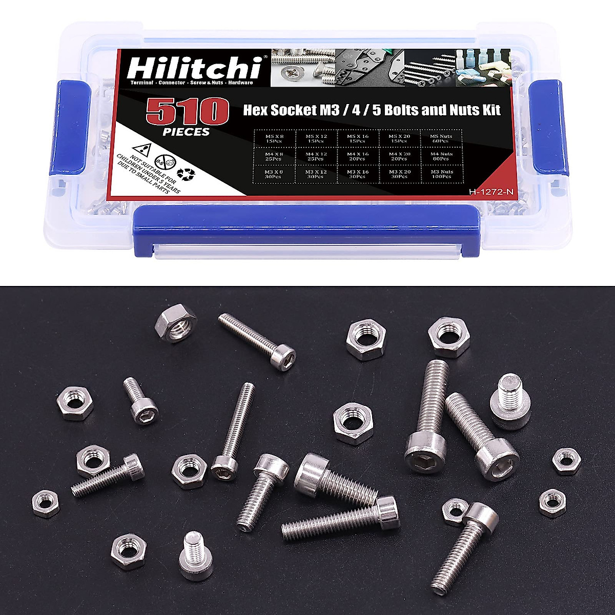 Hilitchi 510pcs M3 M4 M5 Stainless Steel Hex Socket Head Cap Bolts Screws Nuts Assortment Kit - 304 Stainless Steel (Hex Socket)