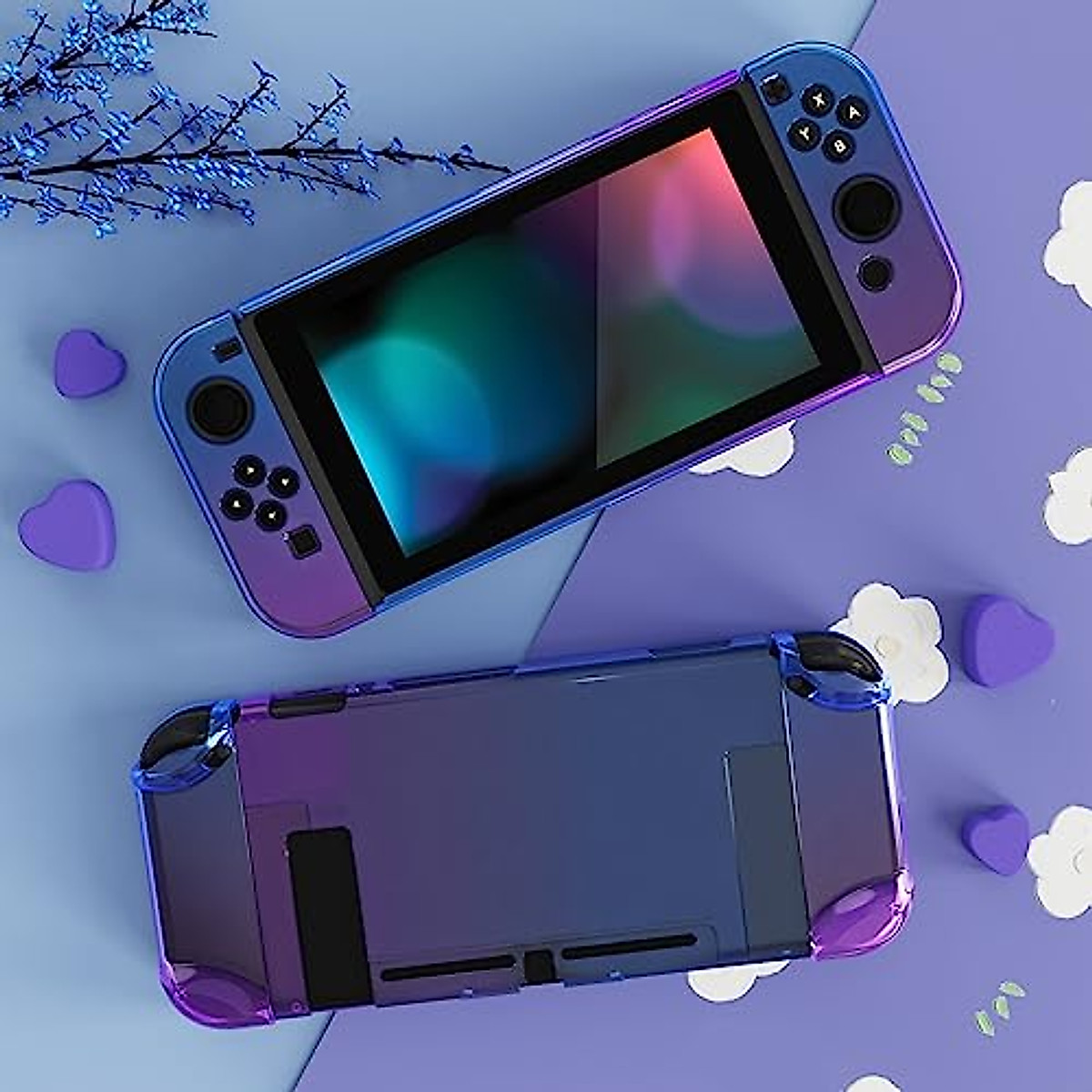 eXtremeRate PlayVital Back Cover for Nintendo Switch Console, Handheld Controller Protector Hard Shell for Joycon, Dockable Protective Case for Nintendo Switch - Gradient Translucent Bluebell