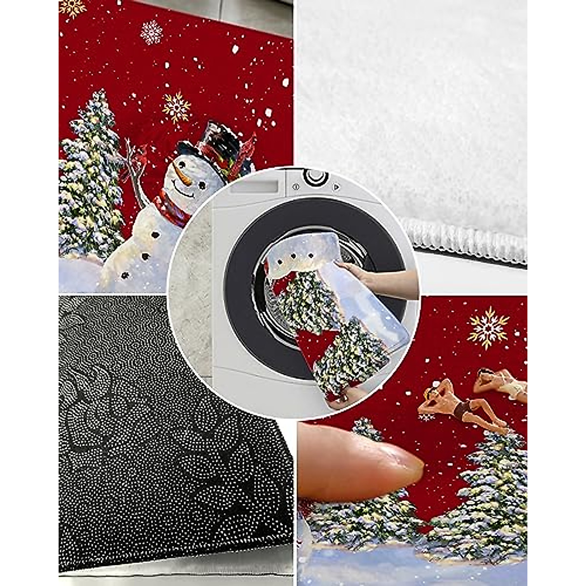 Yun Nist Christmas Snowman Bathroom Rug,Xmas Tree Red Soft Shag Rug Non Slip Doormat,Winter Snowflakes Absorbent Carpet Furry Cozy Floor Mat for Kitchen Bedroom Living Room 16x24in