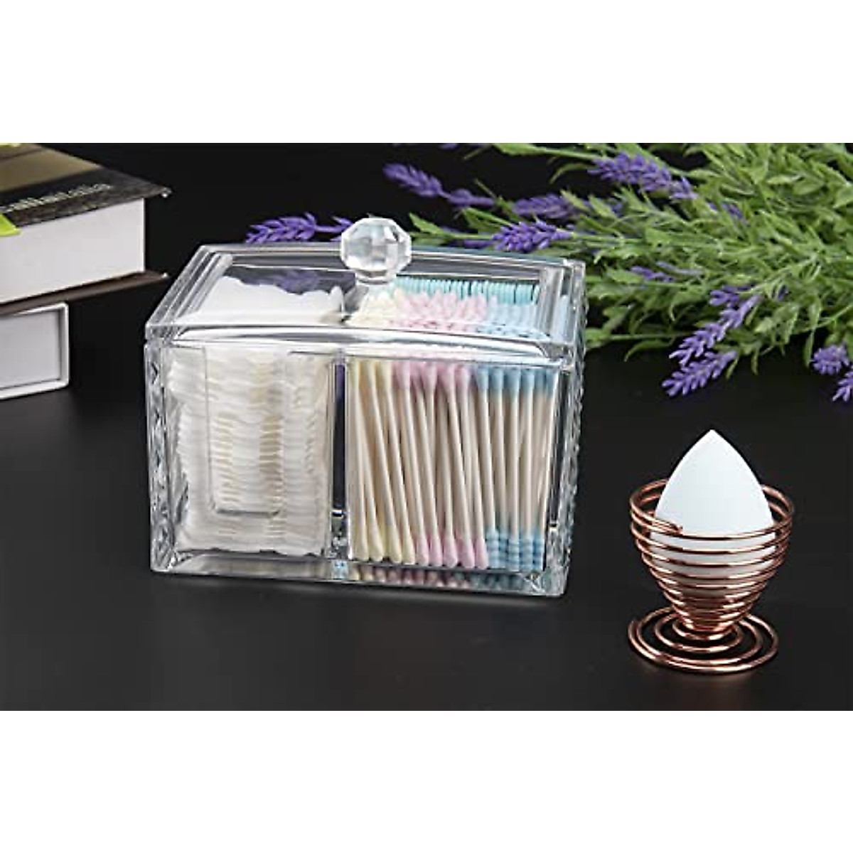 TocTen Qtip Holder Dispenser for Cotton Ball, Cotton Swab, Cotton Round Pads Jar, 3-Grid Bathroom Canister with Lid Thicken Acrylic Plastic Make Up Organizer, Extra Sponge Blender Holder Includ