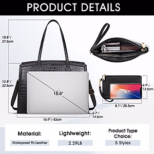 Laptop Bag for Women 15.6 Inch Laptop Tote Bags PU Leather Lightweight Womens Computer Bag Office Shoulder Bag Handbag Large Capacity Work Briefcase Bag 2PCs Black Crocodile Pattern