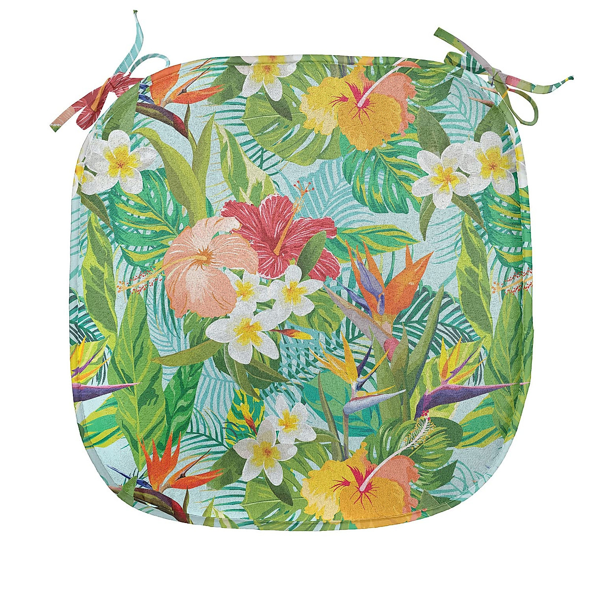 Lunarable Leaf Chair Seating Cushion Set of 6, Vintage Cartoon Style Image of Hawaiian Flowers Crepe Gingers, Anti-Slip Seat Padding for Kitchen & Patio, 16"x16", Fern Green Pale Blue