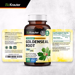 BIO KRAUTER Goldenseal Root Supplement - Goldenseal Capsules 700 mg - Traditional Herbal Supplement - 100 Vegan Capsules