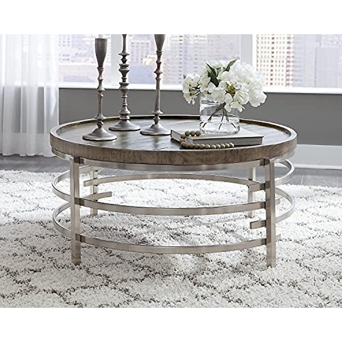 Signature Design by Ashley Zinelli Contemporary Coffee Table with Tray-Style Top and Chrome Base, Gray