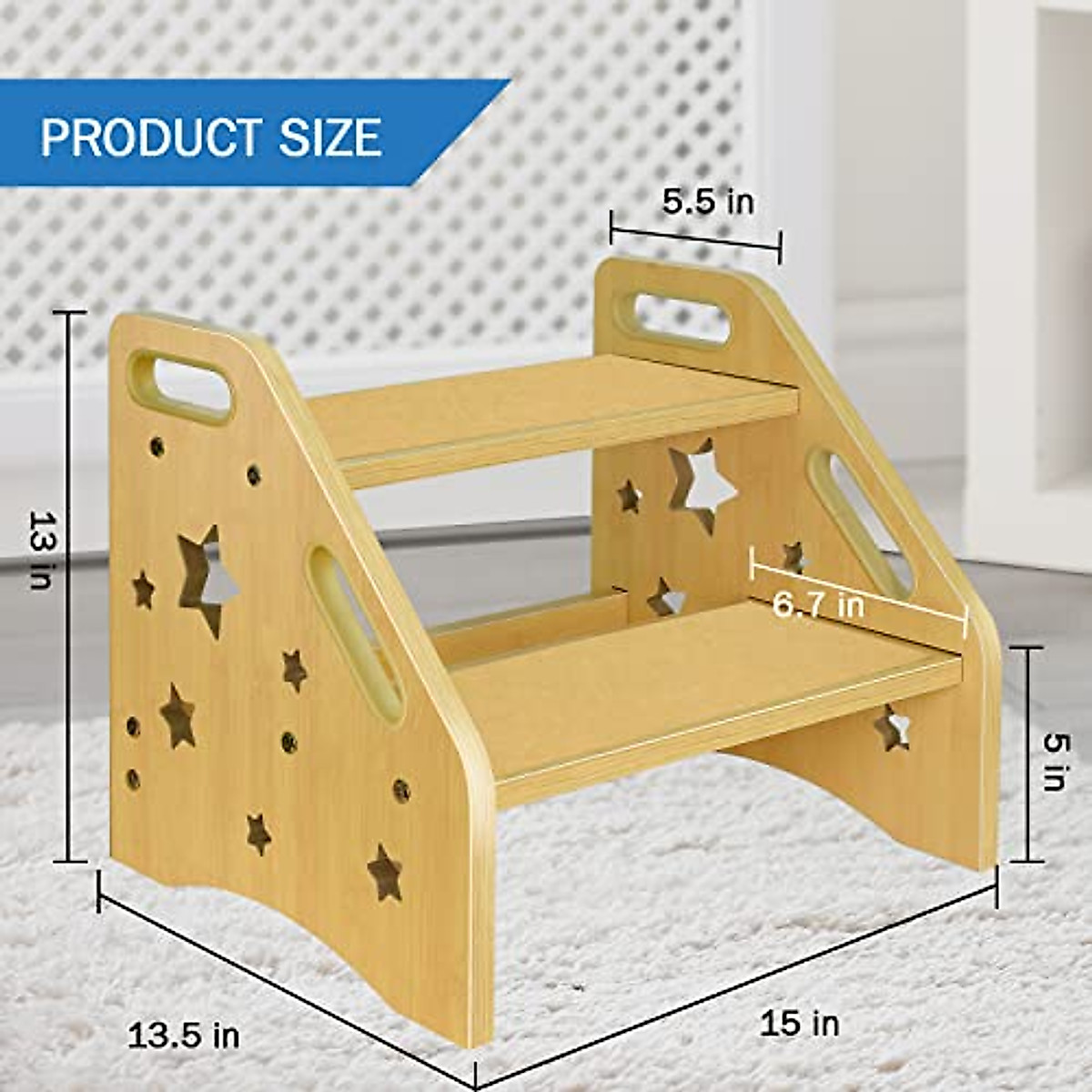 Nursery Step Stool for Kids, 2 Step Toddler Step Stool with Openwork Stars, Toddler Potty Training Step Stool, Kitchen Step Stool with Non-Slip Step Treads and 4 Cutout Handles, Toddler Step Stool