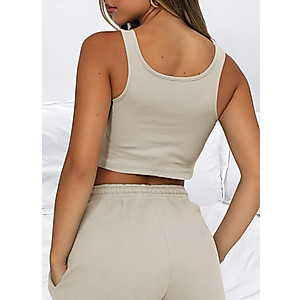 Women’s Pajama Sets Waffle Knit Matching Lounge Set Crop Tank Loose Shorts with Pockets Beige XL