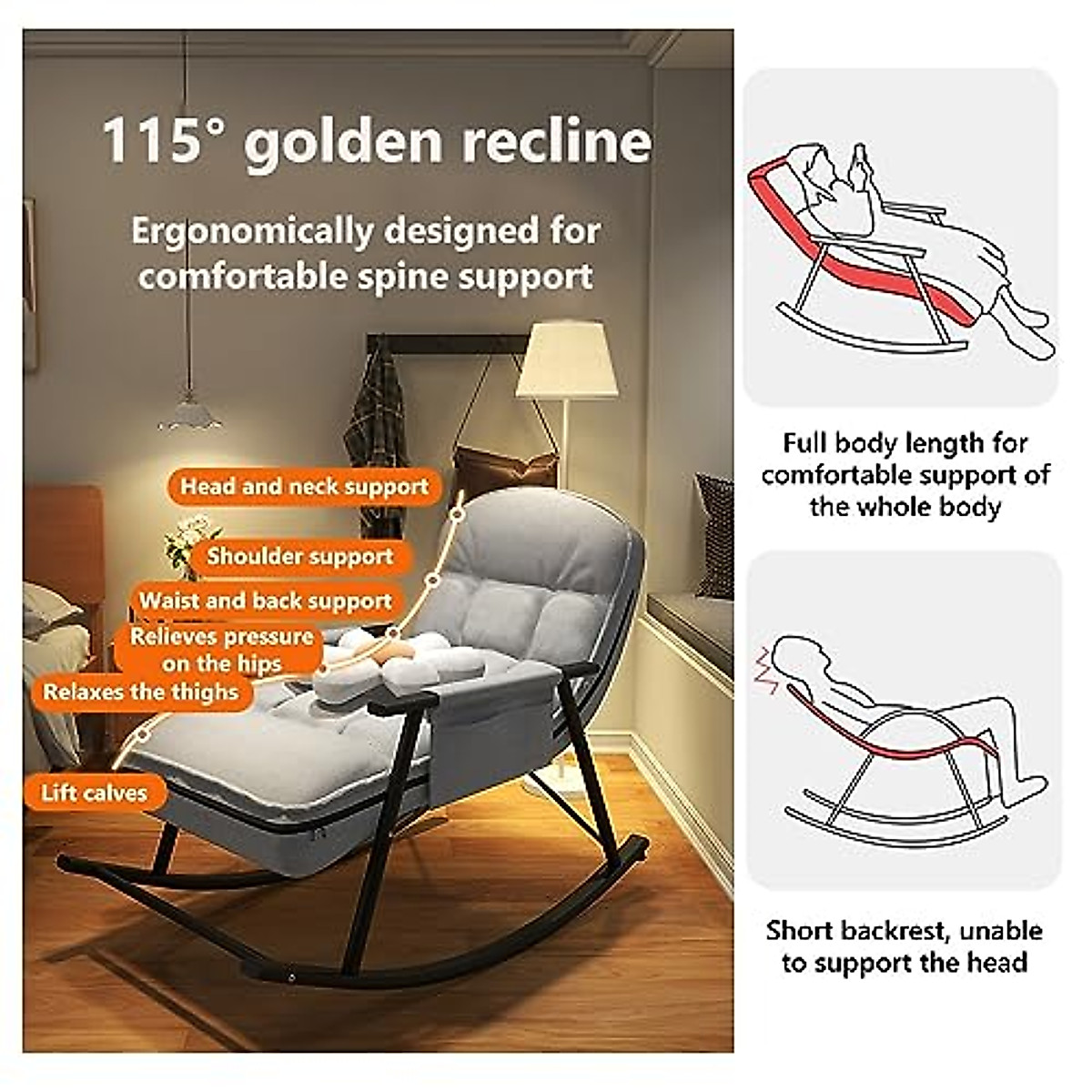 Adult Rocking Chair Adjustable Back Recliner Chair for Living Room Patio Balcony,Glider Rocker Upholstered Armchair, Sturdy Metal Frame,Modern Leisure Chair (Color : Dark Grey)