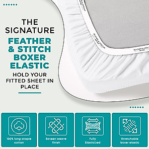 Feather & Stitch 100% Cotton 1 Piece Damask Stripe Queen Fitted Sheet 500 Thread Count White- Sateen Weave with 2 Extra Pillow Cases